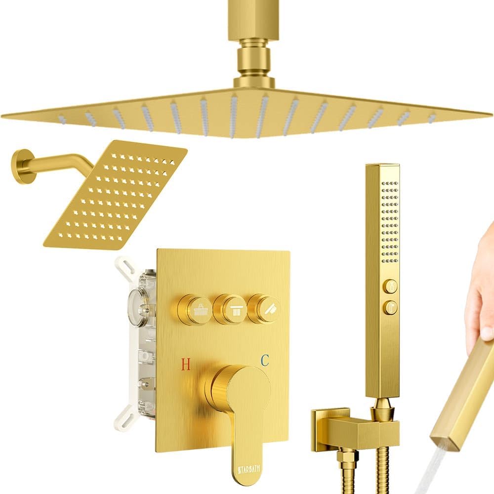 STARBATH 10+6 Inch Dual Shower Head System with Two Function Wand Gold