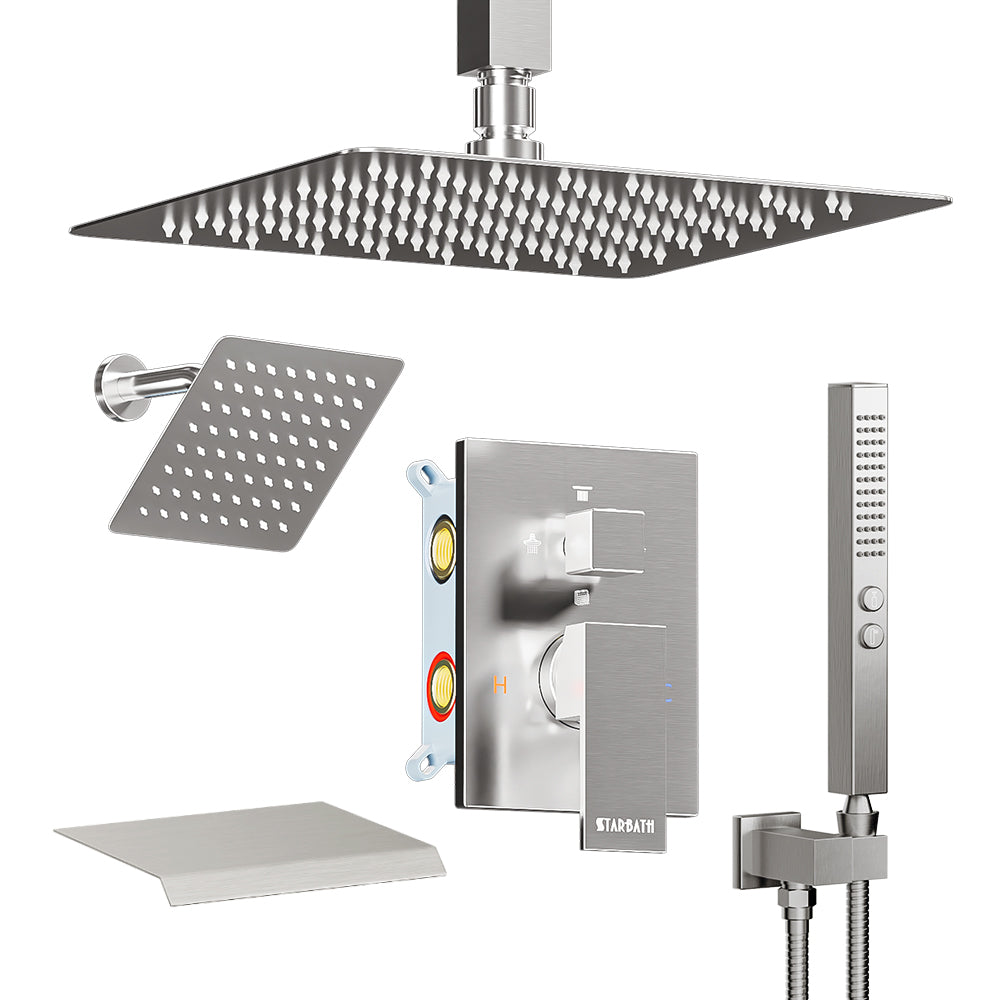 STARBATH Dual Shower Heads (12+6 Inch) Shower System 4 Function Brushe