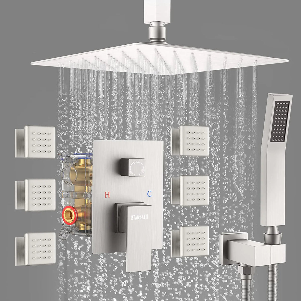 STARBATH Shower Jet System Ceiling Mounted Brushed Nickel 10/12 Inch